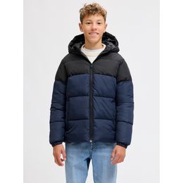 Jack & Jones Steppjacke JACK & JONES JUNIOR "JJMAZE PUFFER HOOD JNR", Jungen, Gr. 128, schwarz (sky captain detail:schwarz blocking), Web, Obermaterial: 100% Polyester, colorblocking, regular fit, Jacken Steppjacke