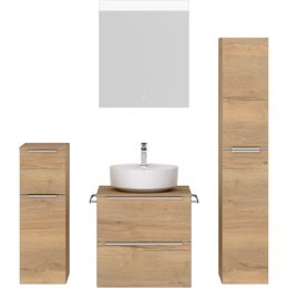 Badmöbel-Set Nobilia "Alvene", braun (eiche sierra nachbildung), B:140cm H:184,2cm T:48,5cm, Kastenmöbel-Sets, inkl. Spiegel mit Touch-Sensor, in vier Breiten