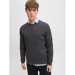 Jack & Jones Strickpullover JACK & JONES "JJEEMIL KNIT CABLE CREW NECK NOOS", Herren, Gr. M, grau (dunkelgrau melange), Strick, Obermaterial: 60% Baumwolle, 20% Nylon, 20% Viskose, meliert, unifarben, regular fit h&uuml;ftlang, Rundhals, B&uuml;ndchen, Pullover Strickpullover