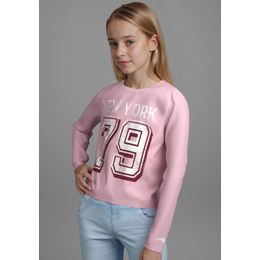 Langarmshirt Kangaroos "Cropped Shirt mit Zahlenprint", M&auml;dchen, Gr. 140/146, rosa, Jersey, Obermaterial: 100% Baumwolle, bedruckt, Basic kurz, Rundhals, Shirts Langarmshirt, Sportiver Frontprint