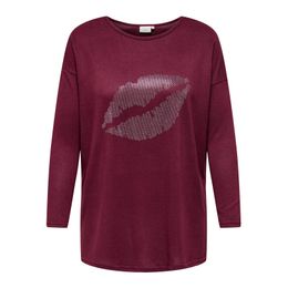 Longshirt Only CARMAKOMA "CARALBA LS LONG TOP JRS", Damen, Gr. L, zinfandel detail:lips, Jersey, Obermaterial: 95% Polyester, 5% Elasthan, bedruckt, loose fit Po-bedeckend, Rundhals, Shirts Longshirt, mit Glitzernieten