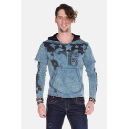 Cipo & Baxx Kapuzensweatshirt CIPO & BAXX "Sweatshirts", Herren, Gr. S, blau (indigo), 100% Baumwolle, bedruckt, slim fit normal, Rundhals, leicht ausgefranste Kante, Sweatshirts, im Lagenlook, CL-279