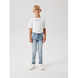 Slim-fit-Jeans name it "NKMTHEO XSLIM JEANS 1280-GY NOOS", Jungen, Gr. 140, N-Gr, blau (light blau denim), Denim/Jeans, Obermaterial: 68% Baumwolle, 27% Polyester, 3% Viskose, 2% Elasthan, Abriebeffekte, slim fit kn&ouml;chellang, Jeans Slim-fit-Jeans
