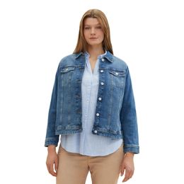 Jeansjacke Tom Tailor PLUS, Damen, Gr. 44, blau (blau denim), Denim/Jeans, Obermaterial: 98% Baumwolle, 2% Elasthan, unifarben, normal h&uuml;ftbedeckend, Rundhals, 1-Knopf-Manschette, Jacken Jeansjacke, mit Knopfleiste und Stretch
