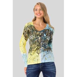 Cipo & Baxx Sweatshirt CIPO & BAXX "SWEATSHIRT", Damen, Gr. M, gelbblau, 95% Baumwolle, 5% Elasthan, bedruckt, Basic, regular fit normal, Rundhals, Sweatshirts Sweatshirt, aufregenden Muster und dem coolen Markenprint