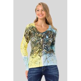 Cipo & Baxx Sweatshirt CIPO & BAXX "SWEATSHIRT", Damen, Gr. L, gelb (gelbblau), 95% Baumwolle, 5% Elasthan, bedruckt, Basic, regular fit normal, Rundhals, Sweatshirts Sweatshirt, aufregenden Muster und dem coolen Markenprint