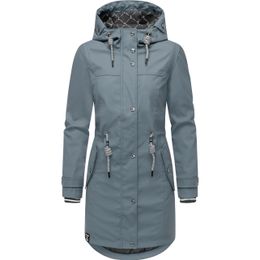 Regenjacke PEAK TIME "L60042", Damen, Gr. S (36), stahlblau, Obermaterial: 100% Polyurethan, Futter 1: 100% Polyester, Futter 2: 60% Baumwolle, 40% Polyester, Wattierung: 100% Polyester, tailliert ca. Mitte Oberschenkel, Ärmel ohne Ärmelschlitz normaler Saum, Jacken, stylisch taillierter Regenmantel für Damen