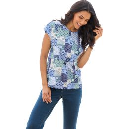 Damen Print-Shirt mit &uuml;berschnittenen Schultern ecru-jade-bedruckt, Gr&ouml;&szlig;e 38