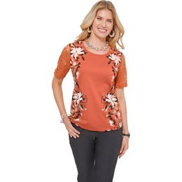 Damen Kurzarmshirt mit floralem Print an den Seiten papaya-champagner-bedruckt, Gr&ouml;&szlig;e 38
