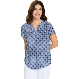 Damen Schlupfbluse mit leicht abgerundetem Saum jeansblau-ecru-bedruckt, Gr&ouml;&szlig;e 40