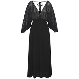 Lascana Maxikleid schwarz Gr. 34 für Damen. Tiefer V-Ausschnitt und Quasten, Spitze, Kordel. Figurumspielend. Nachhaltig.