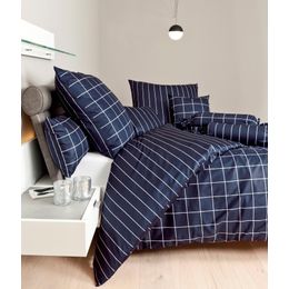 Wendebettwäsche Janine "modernclassic 39025", blau (dunkelblau), B/L: 155cm x 220cm, 1 Stk., 1 Stk., Mako-Satin, B/L: 80cm x 80cm, 2 Stk., Mako-Satin, Obermaterial: 100% Baumwolle, Bettwäsche, Wendebettwäsche, mit Reißverschluss, 100% Baumwolle, mit Karos und Streifen