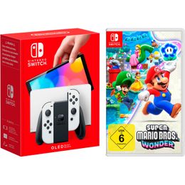 NINTENDO SWITCH Konsolen-Set "OLED + Super Mario Bros. Wonder", schwarz-weiß (weiß, schwarz), B:24,2cm H:1,39cm T:10,2cm, Spielekonsolen