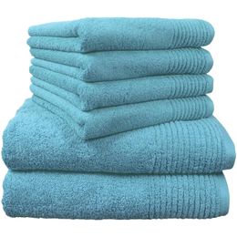 Handtuch Set Dyckhoff "Brillant", blau (t&uuml;rkis), 6 Stk., Walkfrottee, Walkfrottee, Obermaterial: 100% Baumwolle, Handtuch-Sets, mit Streifenbord&uuml;re;4 Handt&uuml;cher (50x100cm), 2 Duscht&uuml;cher (70x140cm)