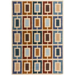 Wollteppich FLAIR RUGS "Retro Blocks mit Hoch-Tief-Effekt", blau, B:80cm H:10mm L:150cm, Wolle, Teppiche, handgeschnitzter Wollteppich,Wohnzimmer, Schlafzimmer, Esszimmer