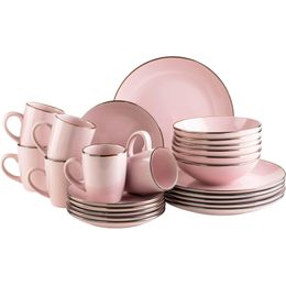 Mäser Kombiservice MÄSER "Geschirr-Set, Service Metallic Rim", rosa, 24 Stk., Steinzeug, Geschirr-Sets, Kombiservice, messingfarben schimernden Umrandung, 24 Teile, für 6 Personen
