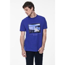 T-Shirt Street One MEN, Herren, Gr. M (40), blau (maritime blau), Web, 100% Baumwolle, bedruckt, gerade hüftlang, Rundhals, Bündchen, Shirts, aus reiner Baumwolle