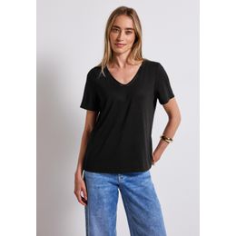 T-Shirt Street One, Damen, Gr. 34, schwarz, Stoff, 80% Polyester, 20% Viskose, unifarben, normal normal, V-Ausschnitt, abgesteppt, Shirts T-Shirt, aus elastischem Materialmix