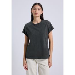 Rundhalsshirt STREET ONE STUDIO, Damen, Gr. 34, grau (dusted grau), Web, 100% Baumwolle, meliert, normal normal, Rundhals, abgesteppt, Shirts Rundhalsshirt, mit Glitzer-Details