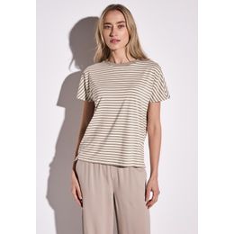 T-Shirt Street One, Damen, Gr. 36, grau (vintage stone), Stoff, 95% Viskose, 5% Elasthan, gestreift, comfort fit normal, Rundhals, B&uuml;ndchen, Shirts T-Shirt, aus strecthigem Viskosematerial