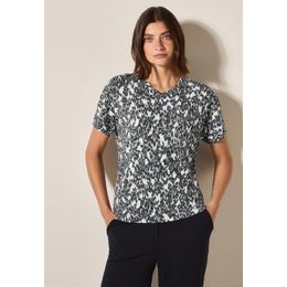 T-Shirt Cecil, Damen, Gr. S (38), wei&szlig; (vanillewei&szlig;), Stoff, 65% Polyester, 35% Viskose, bedruckt, gerade normal, V-Ausschnitt, B&uuml;ndchen, Shirts T-Shirt, mit V-Ausschnitt