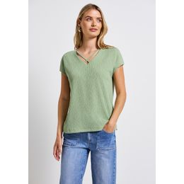 T-Shirt Street One, Damen, Gr. 36, gr&uuml;n (soft jade gr&uuml;n), Stoff, R&uuml;ckseite: 95% Viskose, 5% Elasthan; Vorderseite: 77% Polyester, 20% Viskose, 3% Elasthan, unifarben, normal normal, V-Ausschnitt, abgesteppt, Shirts T-Shirt, mit dekorativen B&auml;ndchen