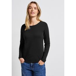 Langarmshirt Street One, Damen, Gr. 44, wei&szlig; (wei&szlig;, schwarz), Web, 100% Baumwolle, unifarben, normal normal, Rundhals, abgesteppt, Shirts Langarmshirt, aus reiner Baumwolle