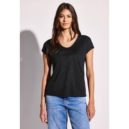T-Shirt Street One, Damen, Gr. 36, schwarz, Stoff, 80% Polyester, 20% Viskose, unifarben, normal normal, V-Ausschnitt, abgesteppt, Shirts T-Shirt, mit abgerundetem V-Ausschnitt