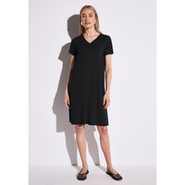 Jerseykleid Street One, Damen, Gr. 38, EURO-Größen, schwarz, Stoff, 95% Viskose, 5% Elasthan, unifarben, comfort fit knielang, V-Ausschnitt, Bündchen, Kleider, knielang