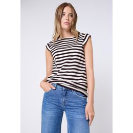 Shirttop STREET ONE STUDIO, Damen, Gr. 44, rot (fudge rot), Web, 50% Baumwolle, 50% Modal, gestreift, normal normal, U-Boot-Ausschnitt, abgesteppt, Tops Shirttop, im soften Baumwoll-Mix