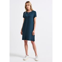 Sommerkleid Street One, Damen, Gr. 42, EURO-Gr&ouml;&szlig;en, blau (tide blau), Stoff, 95% Viskose, 5% Elasthan, unifarben, normal knielang, Rundhals, B&uuml;ndchen, Kleider Sommerkleid, soft und trageangenehm