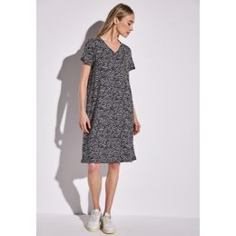 Jerseykleid Street One, Damen, Gr. 34, EURO-Größen, blau (tiefblau), Stoff, 95% Viskose, 5% Elasthan, gemustert, normal knielang, V-Ausschnitt, Bündchen, Kleider, knielang
