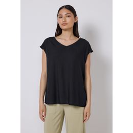 Shirtbluse STREET ONE STUDIO, Damen, Gr. 38, schwarz, Stoff, 100% Viskose, unifarben, normal normal, V-Ausschnitt, abgesteppt, Blusen, mit V-Ausschnitt
