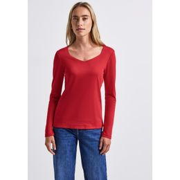 Langarmshirt Street One, Damen, Gr. 38, rot (racing rot), Web, 50% Baumwolle, 50% Modal, unifarben, normal normal, V-Ausschnitt, abgesteppt, Shirts Langarmshirt, im soften Baumwoll-Mix