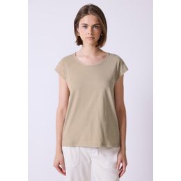 T-Shirt STREET ONE STUDIO, Damen, Gr. 34, grau (sandshell beige), Web, 100% Baumwolle, unifarben, normal normal, Rundhals, B&uuml;ndchen, Shirts T-Shirt, aus reiner Baumwolle