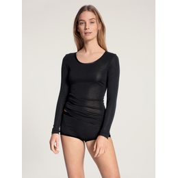 Langarmshirt Calida "True Confidence", Damen, Gr. L (48/50), schwarz, Rippware, Obermaterial: 70% Schurwolle, 30% Seide, unifarben, Basic h&uuml;ftbedeckend, Rundhals, Shirts Langarmshirt, Rundhals, Feinripp, atmungsaktiv, Wellensaum