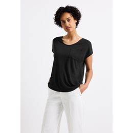 T-Shirt Street One, Damen, Gr. 34, schwarz, Stoff, 80% Polyester, 20% Viskose, unifarben, gerade normal, V-Ausschnitt, B&uuml;ndchen, Shirts T-Shirt, mit abgerundetem V-Ausschnitt
