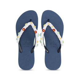 Uzurii Slipper & Pantoletten - Zehentrenner Flowery White Aby - Gr. 39_40 - in Blau - f&uuml;r Damen