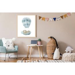 L&uuml;ttenh&uuml;tt Bild mit Rahmen &raquo;oder Poster, Schlafender Hase in Hei&szlig;luftballon&laquo; Ballonfahren Fantasy Hei&szlig;luftballon Tiere 1 Stk. tlg. HD Premium Druck bunt Holz, 