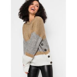 bonprix Strickpullover Oversize-Pullover mit Zierkn&ouml;pfen beige/hellgrau meliert/wei&szlig; 36/38 (S) 36/38 (S) Strickpullover mit modernem gestreiftem...