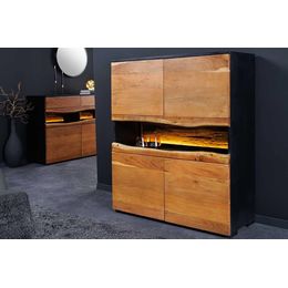 Riess Ambiente Massivholz Highboard GRAND ACACIA 120cm braun Akazie mit LED-Beleuchtung Baumkante Riess-Ambiente Landhaus Natur Rustikal