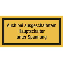 Kombischilder mit Text f&uuml;r Warnkennzeichen, Auch bei ausgeschaltetem Hauptschalter unter Spannung, VE 10 Stk, Folie, LxH 100 x 50 mm kaiserkraft