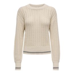 Strickpullover Only "ONLASA LS DETAIL O-NECK CC KNT", Damen, Gr. L (40), beige (birch detail:schwarz), Strick, Obermaterial: 60% Baumwolle, 40% Polyacryl, unifarben, regular fit, Rundhals, Rippbündchen, Pullover