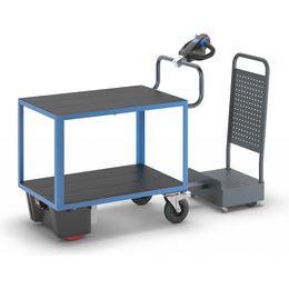 eurokraft pro Montagewagen mit Elektroantrieb, 2 Etagen und Fahrerstand, LxBxH 1870 x 700 x 1320 mm, grau / lichtblau