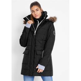 bonprix wasserabweisende Funktions-Longjacke in 2-in-1-Optik gesteppt, schwarz, Gr.48, Warme Winterjacke mit abnehmbarer Kapuze sowie abnehmbarem Fellimitat, mit formgebenden N&auml;hten
