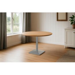 Bistrotisch rund mit Schweizer Kante Akazienholz natur massiv 110 cm S&auml;ulengestell silber BRASILIA