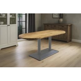 Bistrotisch oval 140 x 60 cm Akazienholz natur massiv Doppel-S&auml;ulengestell silber EMILIAN