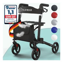 ELONEO Rollator faltbar und leicht mit Sitz, Leichtgewicht-Reiserollator aus Aluminium, Gehhilfe 8-fach h&ouml;henverstellbar, Laufhilfe 3-fach faltbar f&uuml;r Kofferraum, Tasche & Schirmhalter Schwarz