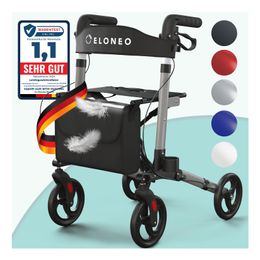 ELONEO Rollator faltbar und leicht mit Sitz, Leichtgewicht-Reiserollator aus Aluminium, Gehhilfe 8-fach h&ouml;henverstellbar, Laufhilfe 3-fach faltbar f&uuml;r Kofferraum, Tasche & Schirmhalter Silber