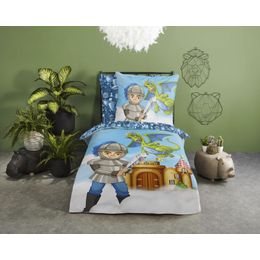 Kinderbettwäsche Good Morning "Knight", bunt (multi, blau), B/L: 135cm x 200cm, 1 Stk., 1 Stk., Renforcé, B/L: 80cm x 80cm, 2 Stk., Renforcé, Obermaterial: 100% Baumwolle, Bettwäsche, Baumwolle, 135x200, Reißverschluss, Wendeoptik, Kind, Junge, Ritter